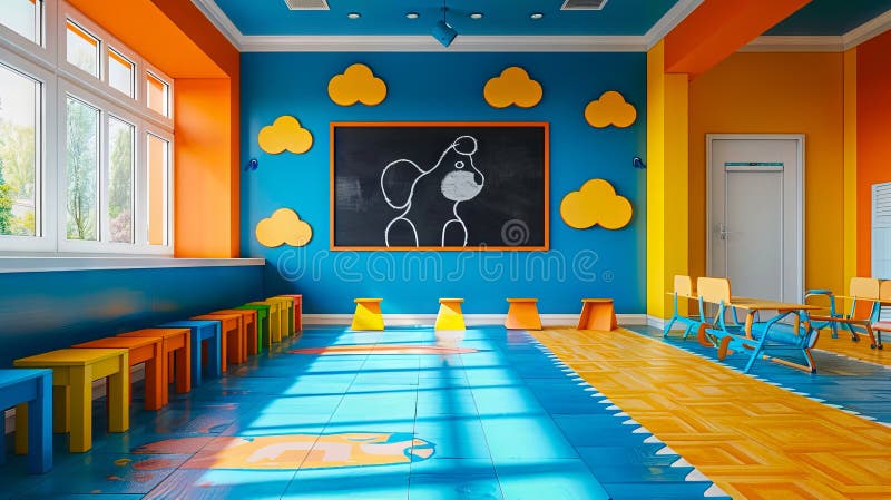 A Brightly Colored Classroom with Yellow and Blue Chairs Stock Photo - Image of stool, furniture ...