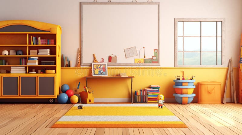 A Brightly Colored Classroom with a Yellow Bookshelf, a Whiteboard, and ...