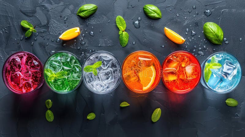 Brightly Colored Cocktail and Soda Glassware Set with Menu - Top View ...