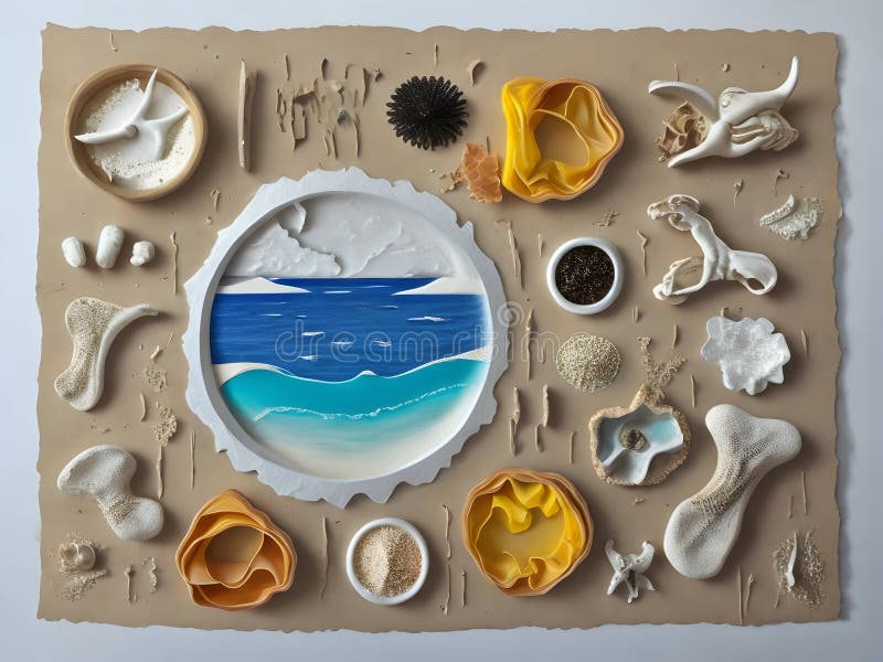 Brightly Colored Collage of Sea Sand and Seashells, Modernist ...