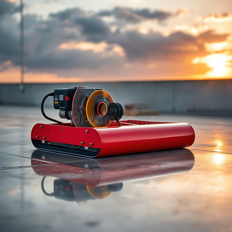 Brightly Colored Concrete Power Float Tool with Blades Spinning on a ...