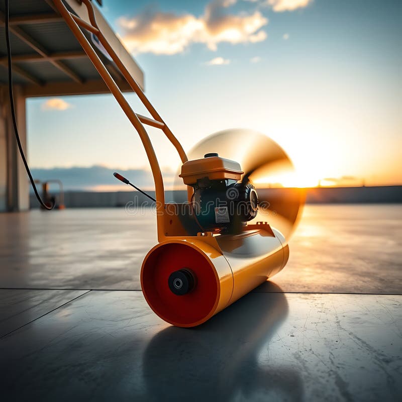 Brightly Colored Concrete Power Float Tool with Blades Spinning on a ...