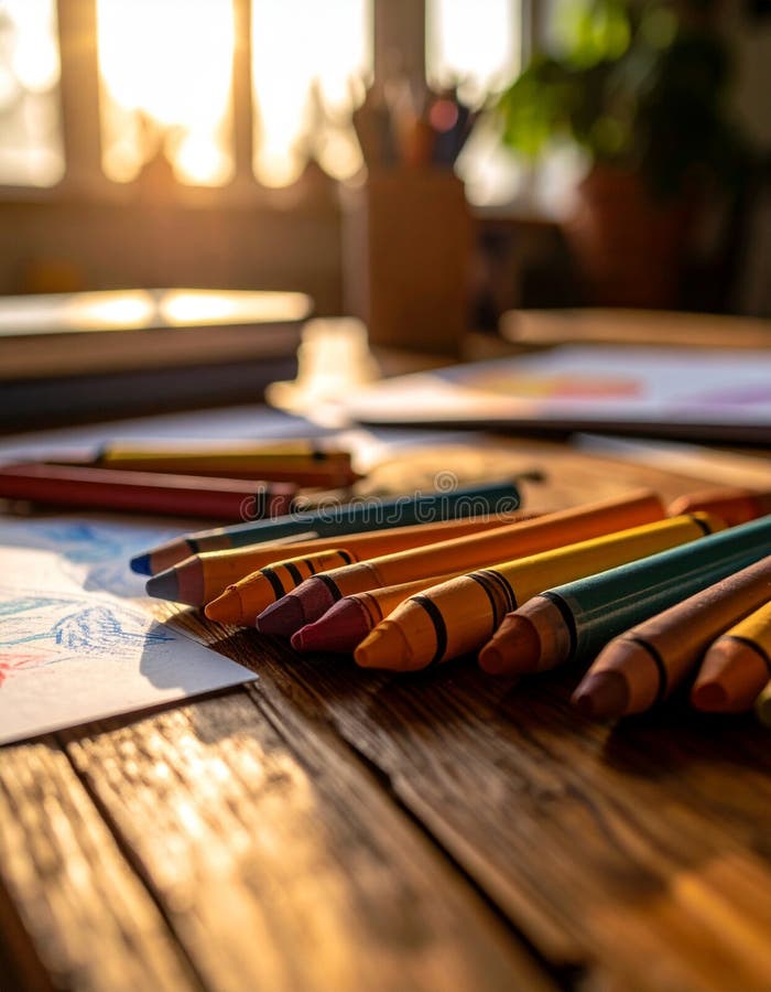 Brightly Colored Crayons and Drawings are Spread Out on a Wooden Table ...
