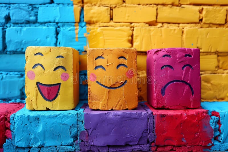 Three Painted Smiling Cubes on Vibrant Bricks Stock Image - Image of ...