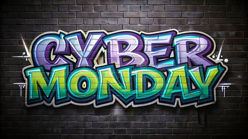 A Brightly Colored Cyber Monday Graffiti Caption Against a Dark Brick ...