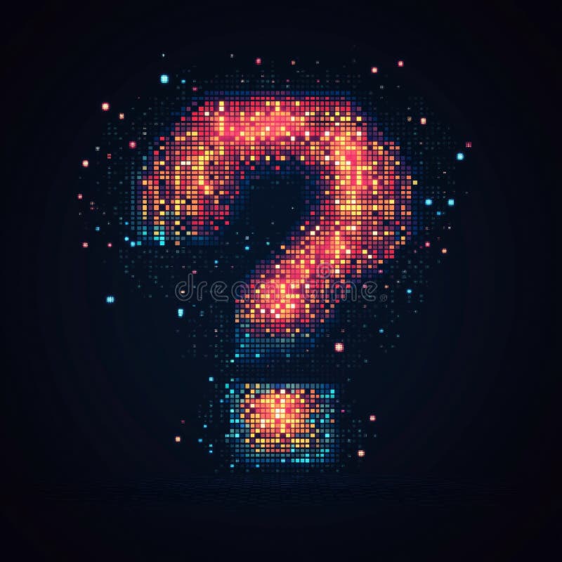 Brightly Colored Digital 8-bit Question Mark on Dark Background Stock ...
