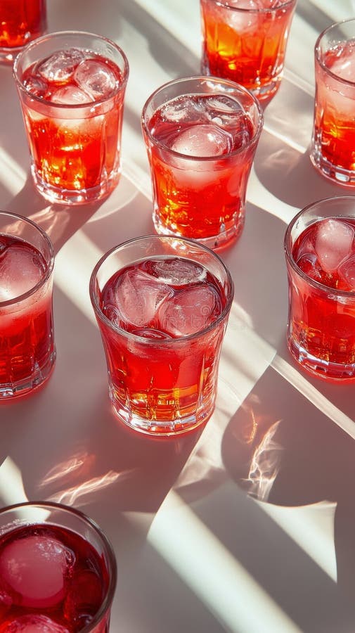 Brightly Colored Drinks Arranged on a Striped Surface with Reflections ...