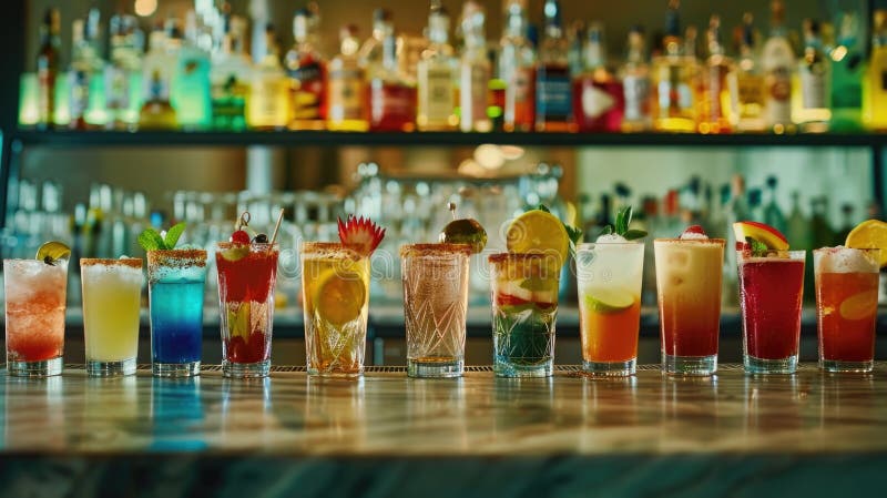 Brightly Colored Drinks on Bar Stock Photo - Image of straws, lemon ...