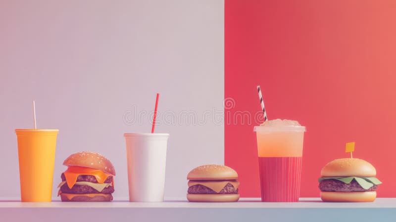 Brightly Colored Drinks Sit beside Tasty Burgers on a Simple Surface ...