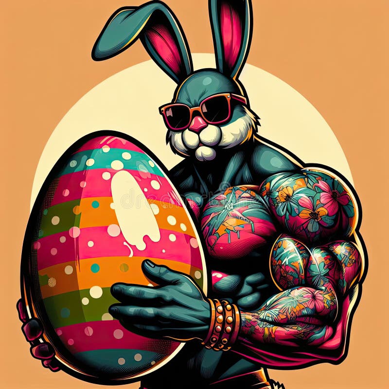 Overdrawn Bunny Posing with Painted Egg Stock Illustration ...