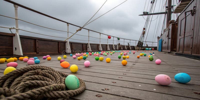 Colorful Easter Eggs Scattered Across the Deck of a Historic Ship on a ...