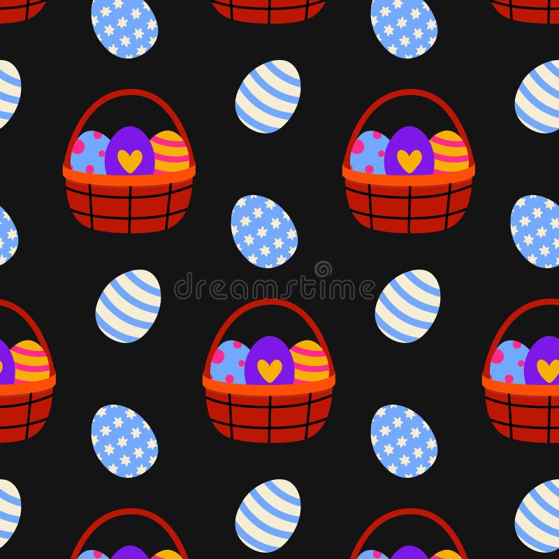 Colorful Easter Eggs in Baskets Create a Festive Pattern on a Black ...