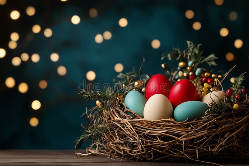 Brightly Colored Eggs Rest in a Nest Adorned with Twinkling Lights ...