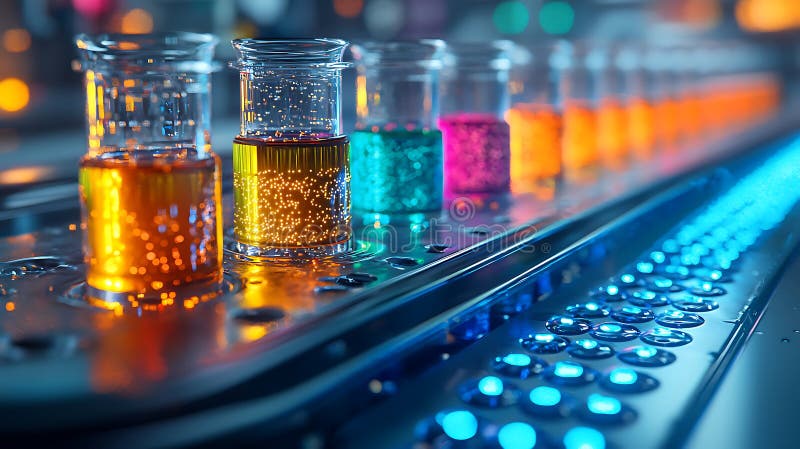 Brightly Colored Enzyme Solutions Reacting in Glass Beakers on Lab ...