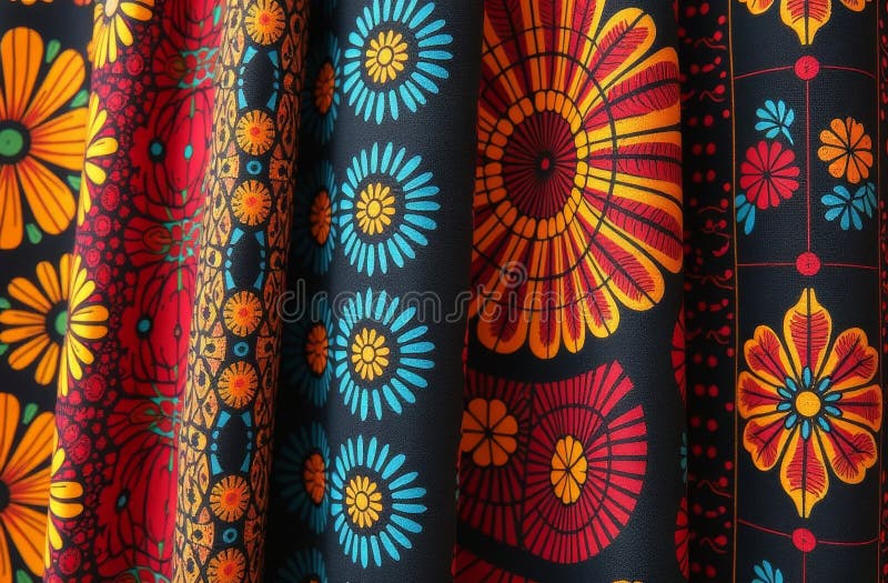 Brightly Colored Fabric with Floral Patterns Hanging in a Display ...