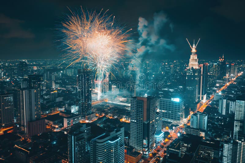 Fireworks Exploding Over City Skyline Celebrating New Year S Eve Stock ...