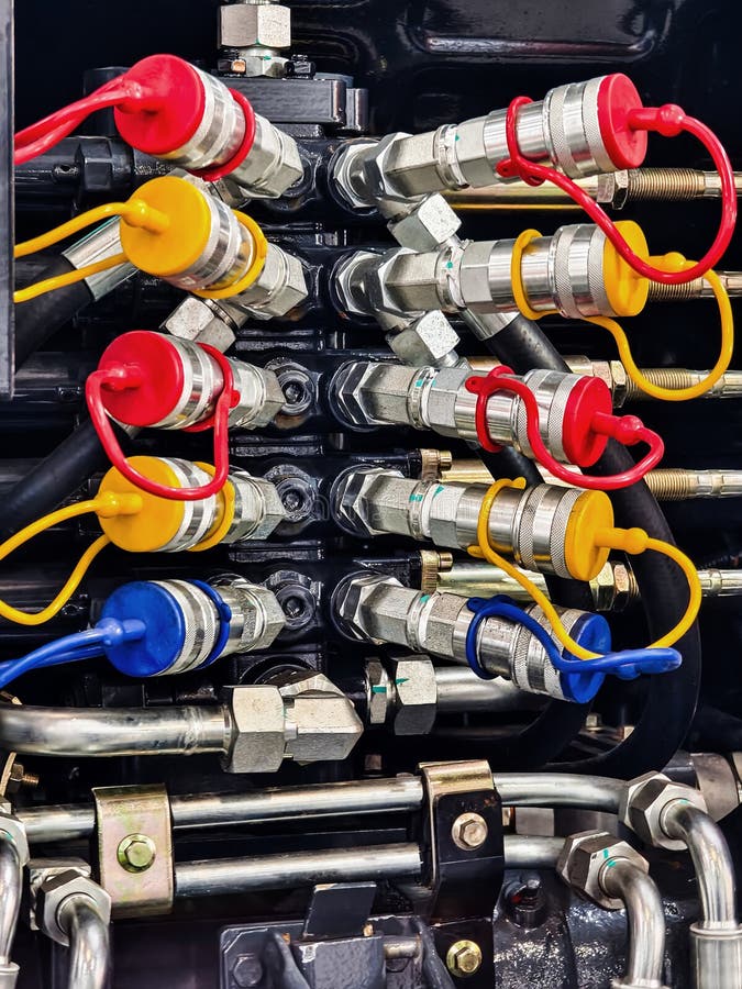 Flow Control Valves and Hydraulic Connections Displayed in an Industrial Machine Assembly Stock ...