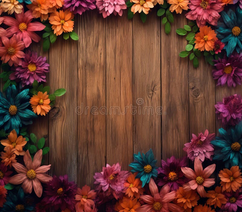 Brightly Colored Flowers Lining Frame Top and Bottom Edge on a Wooden ...