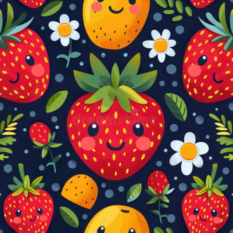Brightly Colored Fruit Pattern Illustration with Citrus and Berries ...