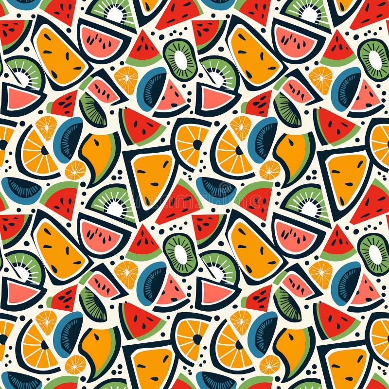 Brightly Colored Fruit Pattern with Watermelon, Kiwi, and Oranges Stock ...