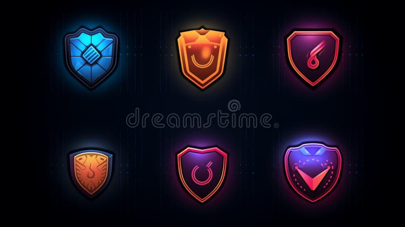 Brightly Colored Gaming Badges and Shields Displayed in a Dark Digital ...