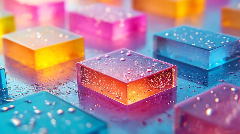 Brightly Colored Gel Blocks with Water Droplets on Reflective Surface ...