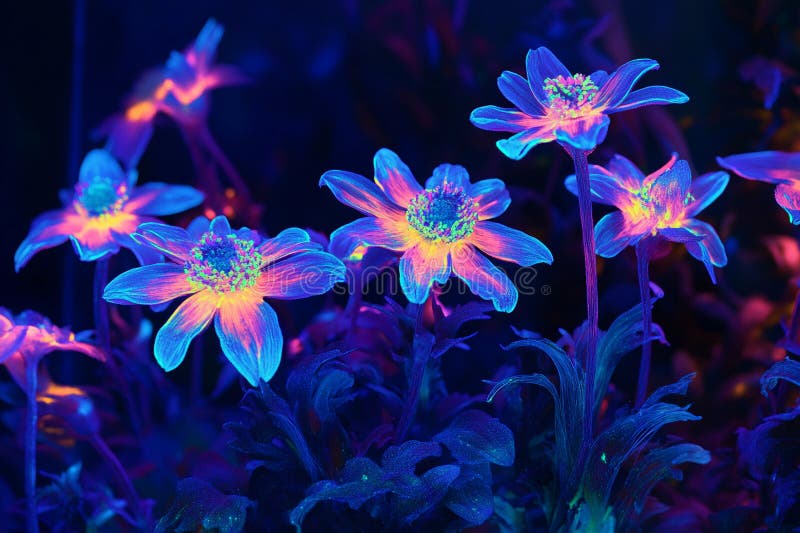 Brightly Colored Glowing Flowers Under Dark Background Create a ...