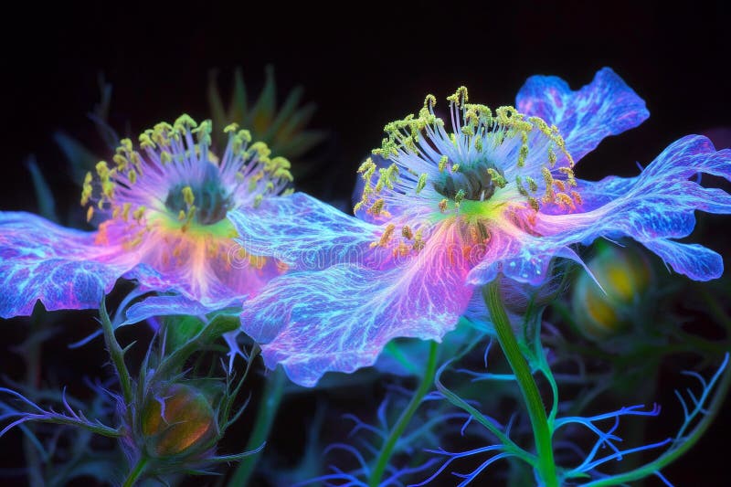 Brightly Colored Glowing Flowers Under Dark Background Create a ...