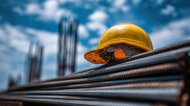 Hard Hat Resting on a Stack of Rebar Under a Bright Sky Highlighting ...