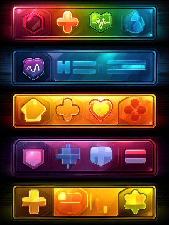 Glowing Health Bar Icons in Bright Colors Showcasing a Gamified User ...
