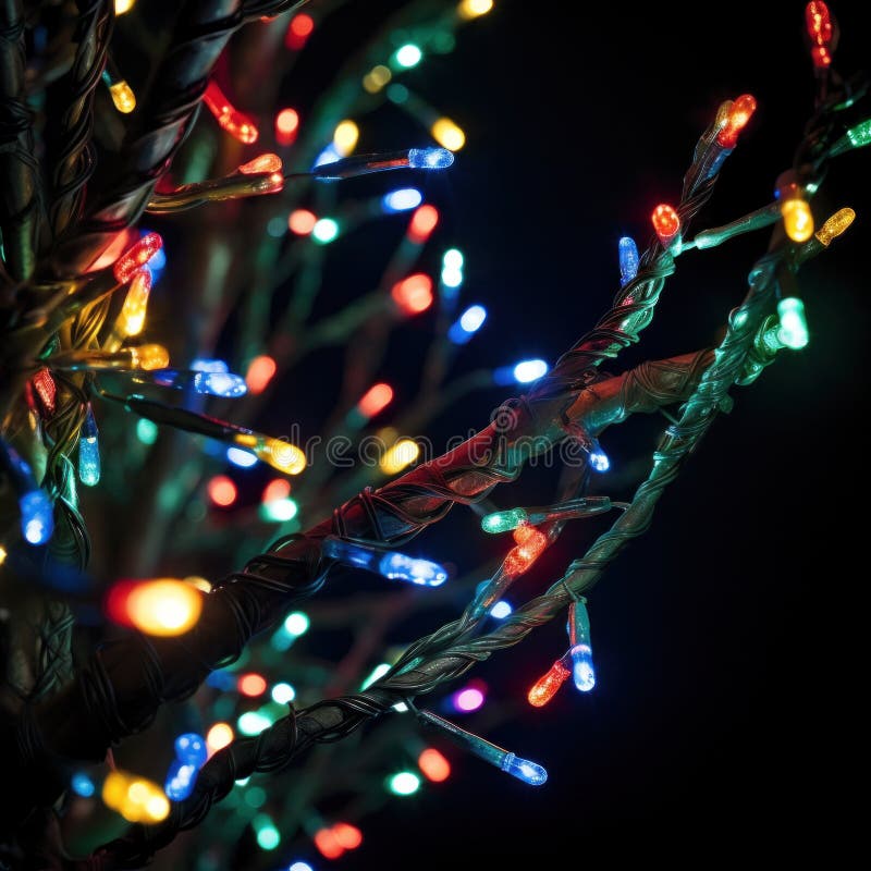 Brightly Colored Holiday Lights Strung Up on a Tree Stock Illustration ...
