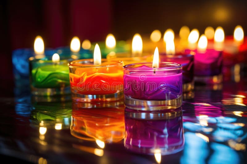Brightly Colored Homemade Candles on a Reflectively Lit Surface Stock ...