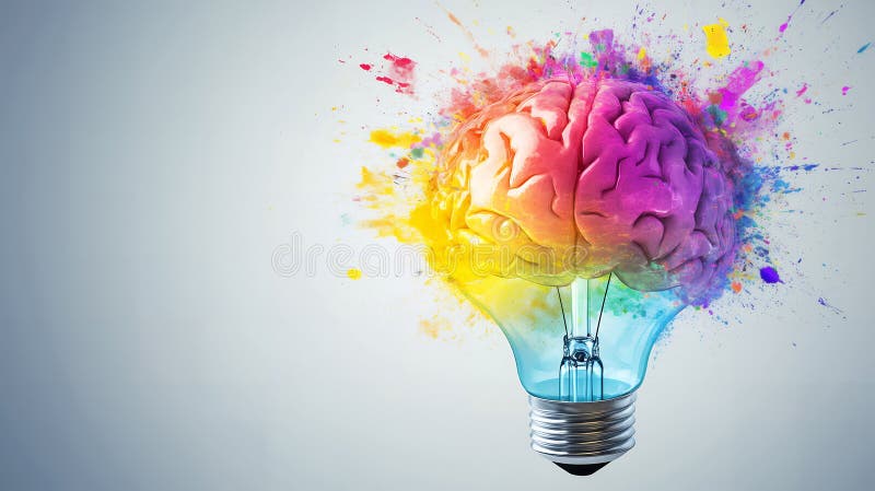 Brain Inside Lightbulb Creativity, Rainbow Brain Lightbulb Art Stock ...