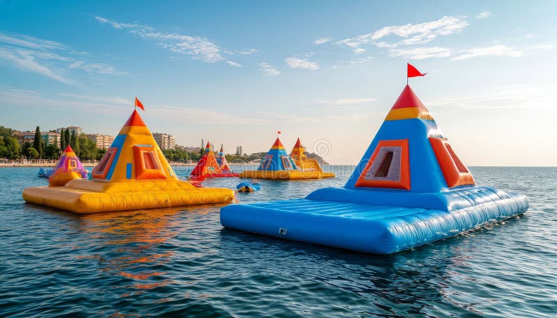 Brightly Colored Inflatable Structures Float on Calm Blue Water Under a ...