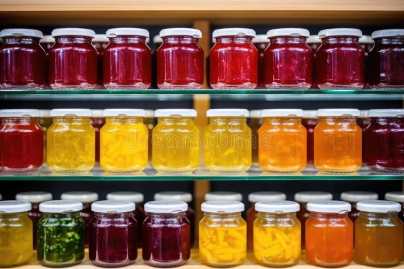 Brightly Colored Jams in Glass Jars on a Shelf Stock Image - Image of ...
