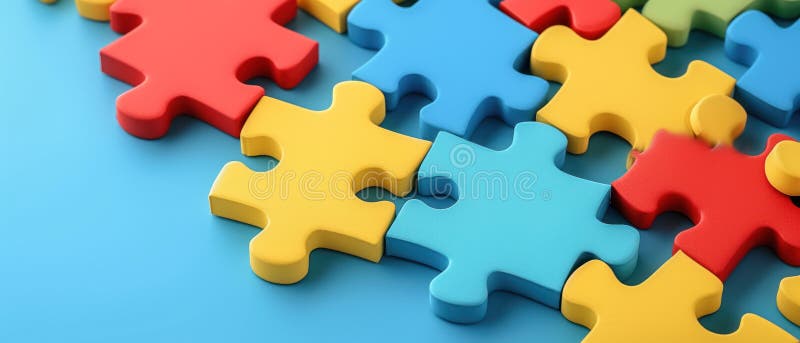 Brightly Colored Jigsaw Puzzle Pieces Scattered on Blue Surface. Stock ...