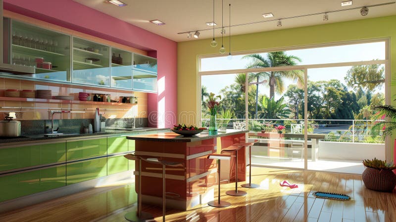 Vibrant Colorful Kitchen Interior Design with Breakfast Bar, Modern ...