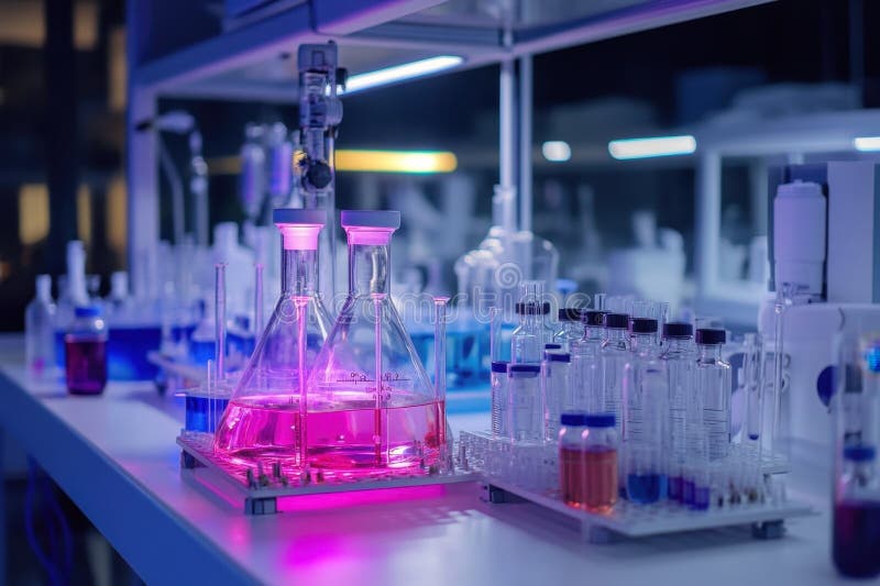 Brightly Colored Laboratory Setup with Glassware and Chemicals at Night ...