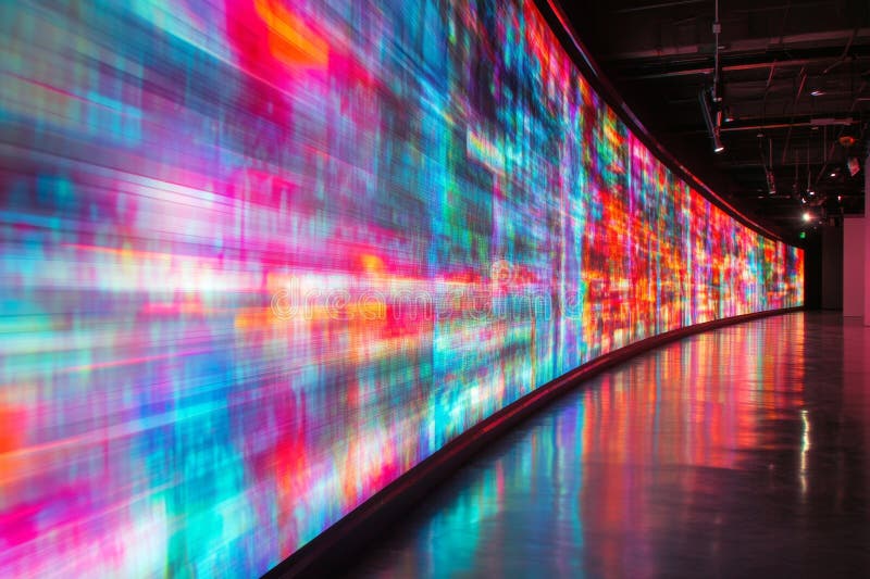 Brightly Colored Lights Illuminate a Curved Wall in a Modern Exhibition ...