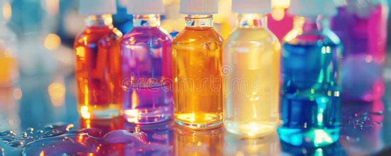Brightly Colored Liquid-filled Bottles on a Clean Surface, Highlighted ...