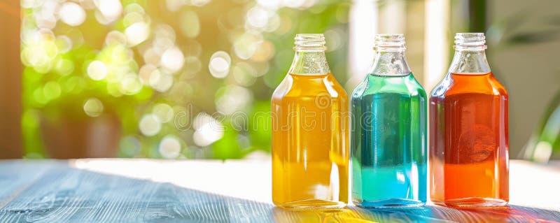 Brightly Colored Liquid-filled Bottles on a Clean Surface, Highlighted ...