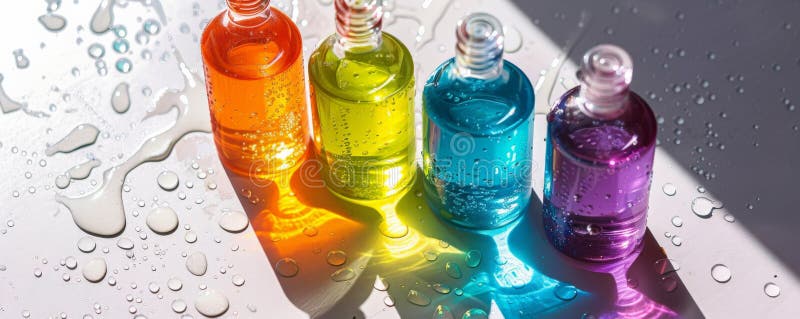 Brightly Colored Liquid-filled Bottles on a Clean Surface, Highlighted ...