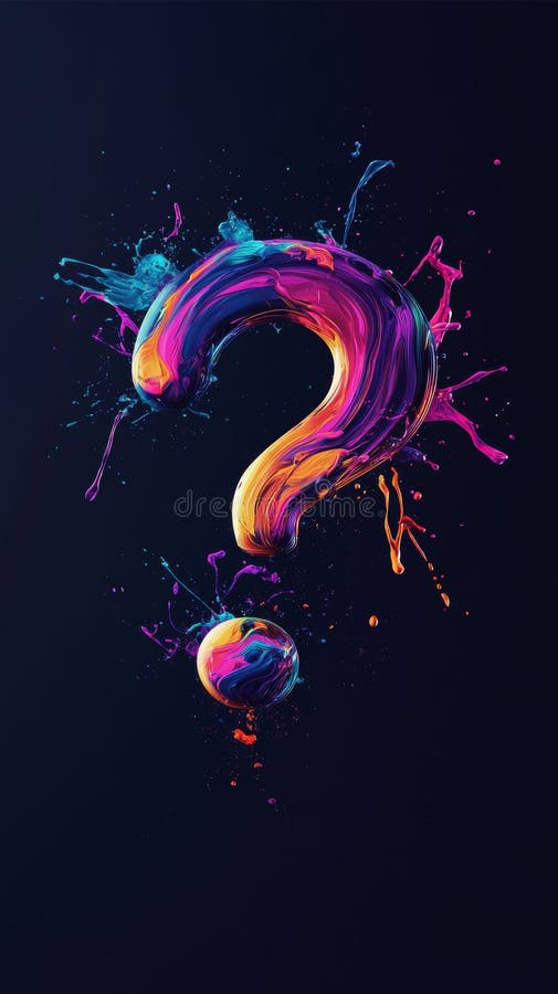 Brightly Colored Liquid Paint Forming a Question Mark with Splashes and ...
