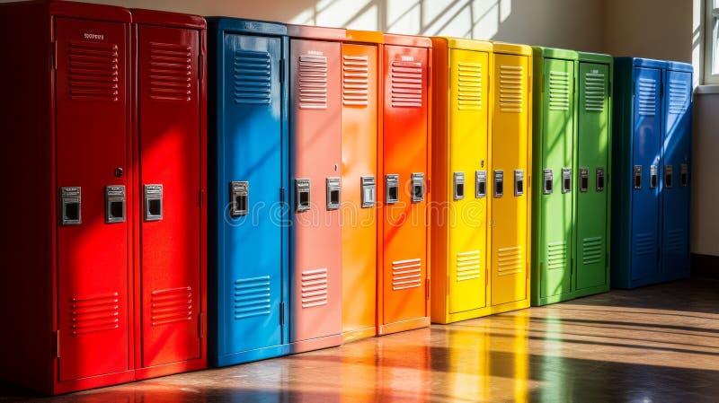Brightly Colored Lockers Line a School Hallway, Illuminated by ...