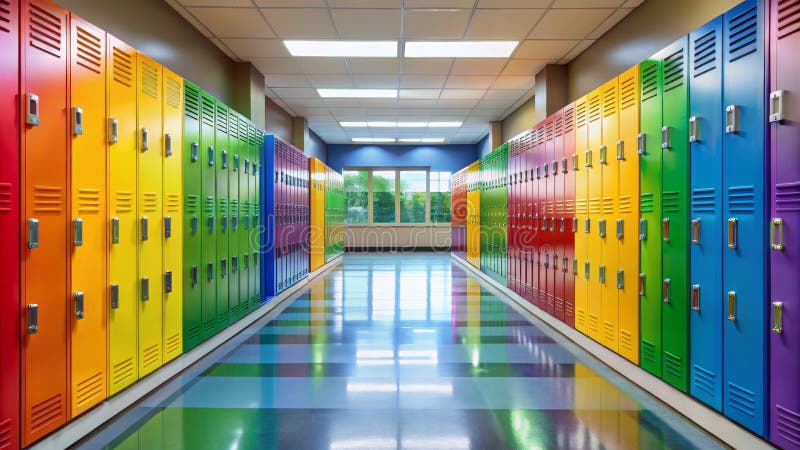 Brightly Colored Lockers Line a School Hallway Reflecting Light on a ...