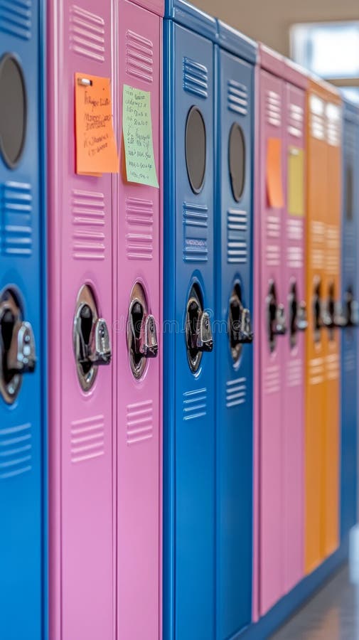 Brightly Colored Lockers in a School Corridor Display Various Notes ...