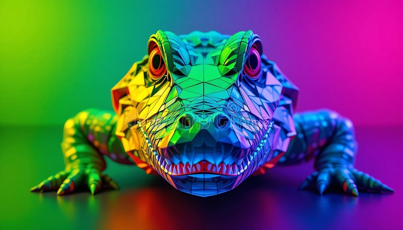 Stylized Crocodile Low Poly Art with Vibrant Neon Color Background ...