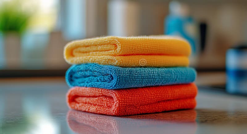 Colorful Microfiber Cloths Stacked in a Modern Kitchen during Daylight ...
