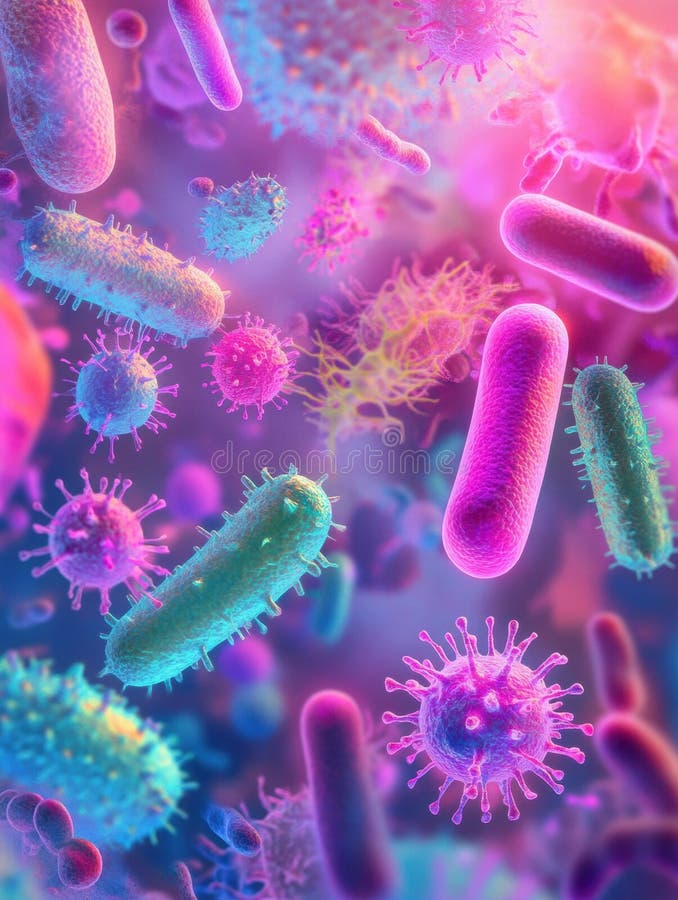 Colorful Illustration of Diverse Microscopic Microbes Displaying ...