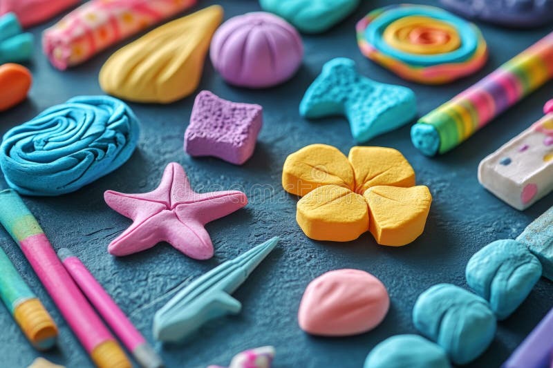 Brightly Colored Modeling Clay Figures and Sticks Arranged on a Dark ...